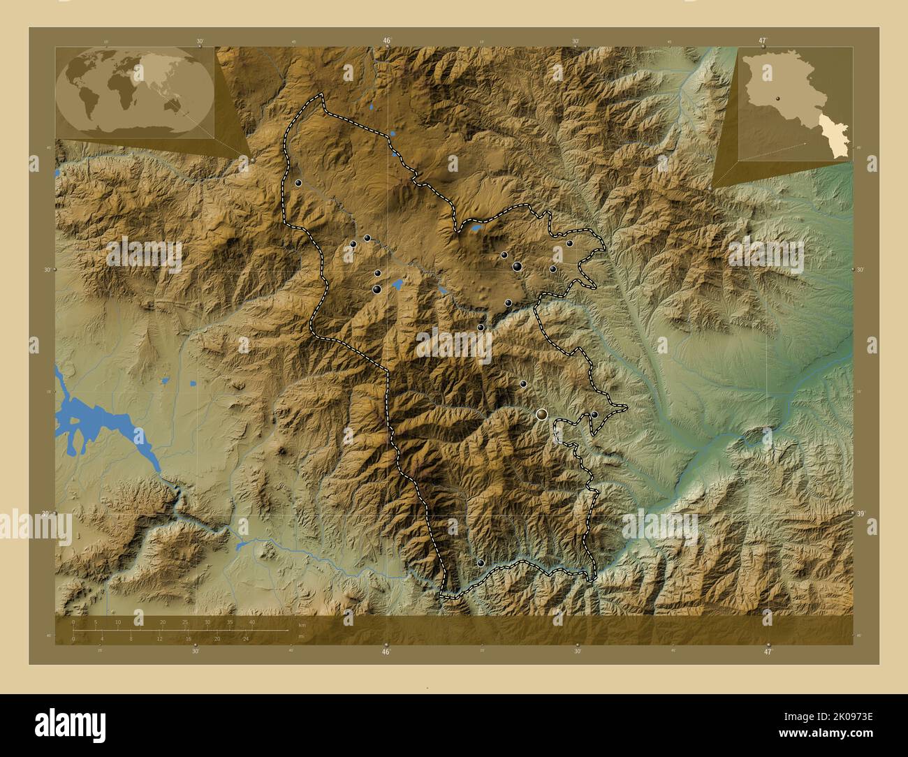 Syunik, province of Armenia. Colored elevation map with lakes and rivers. Locations of major ...