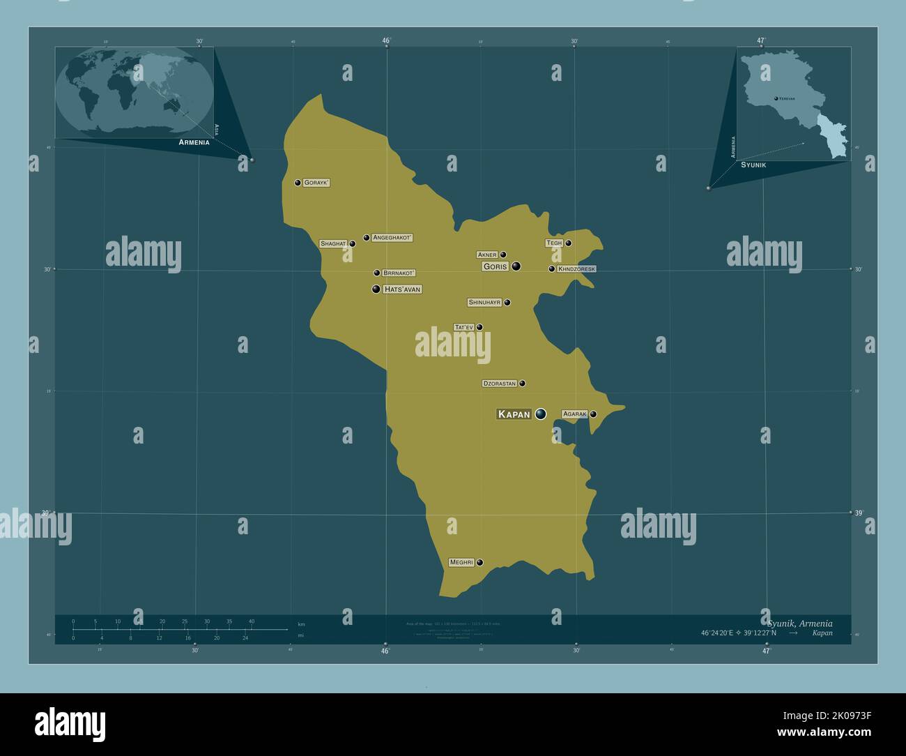 Syunik, province of Armenia. Solid color shape. Locations and names of ...