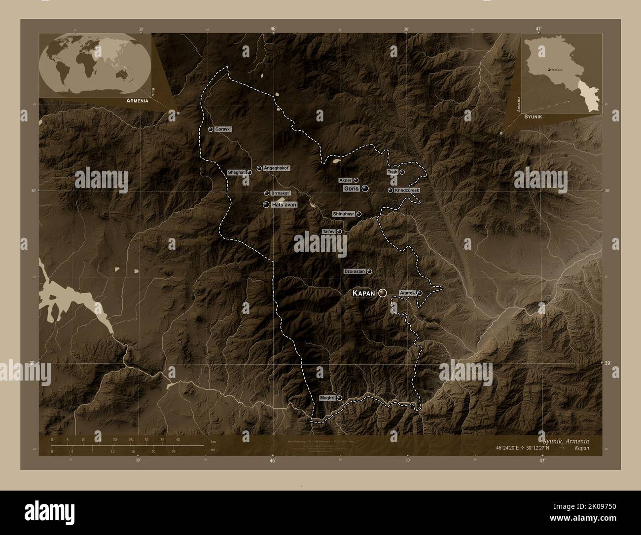 Syunik, province of Armenia. Elevation map colored in sepia tones with ...