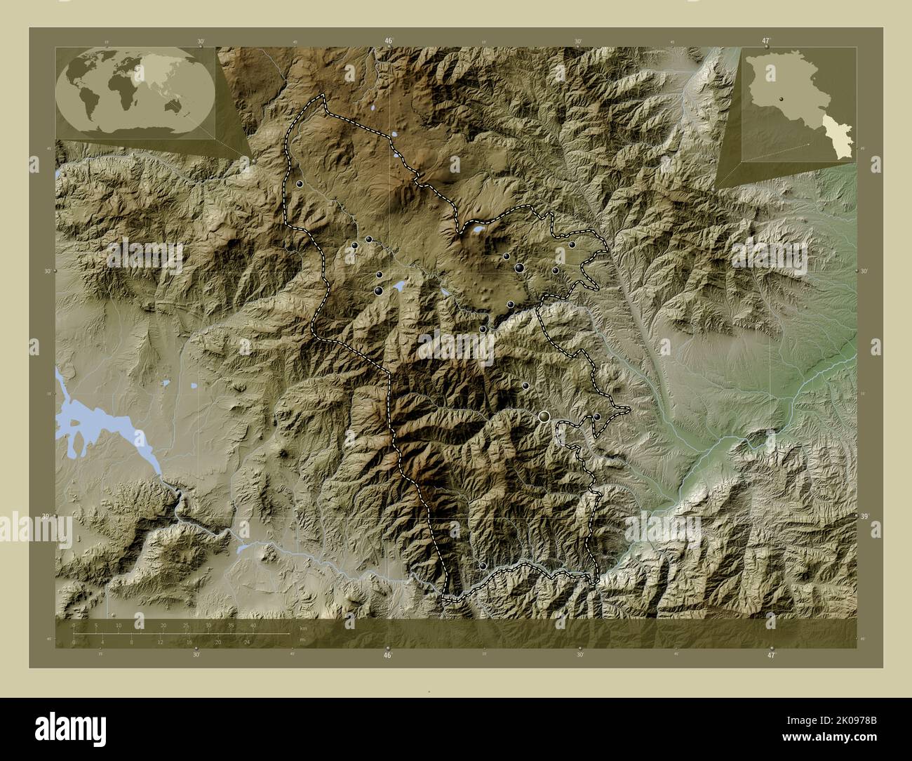 Syunik, province of Armenia. Elevation map colored in wiki style with lakes and rivers ...