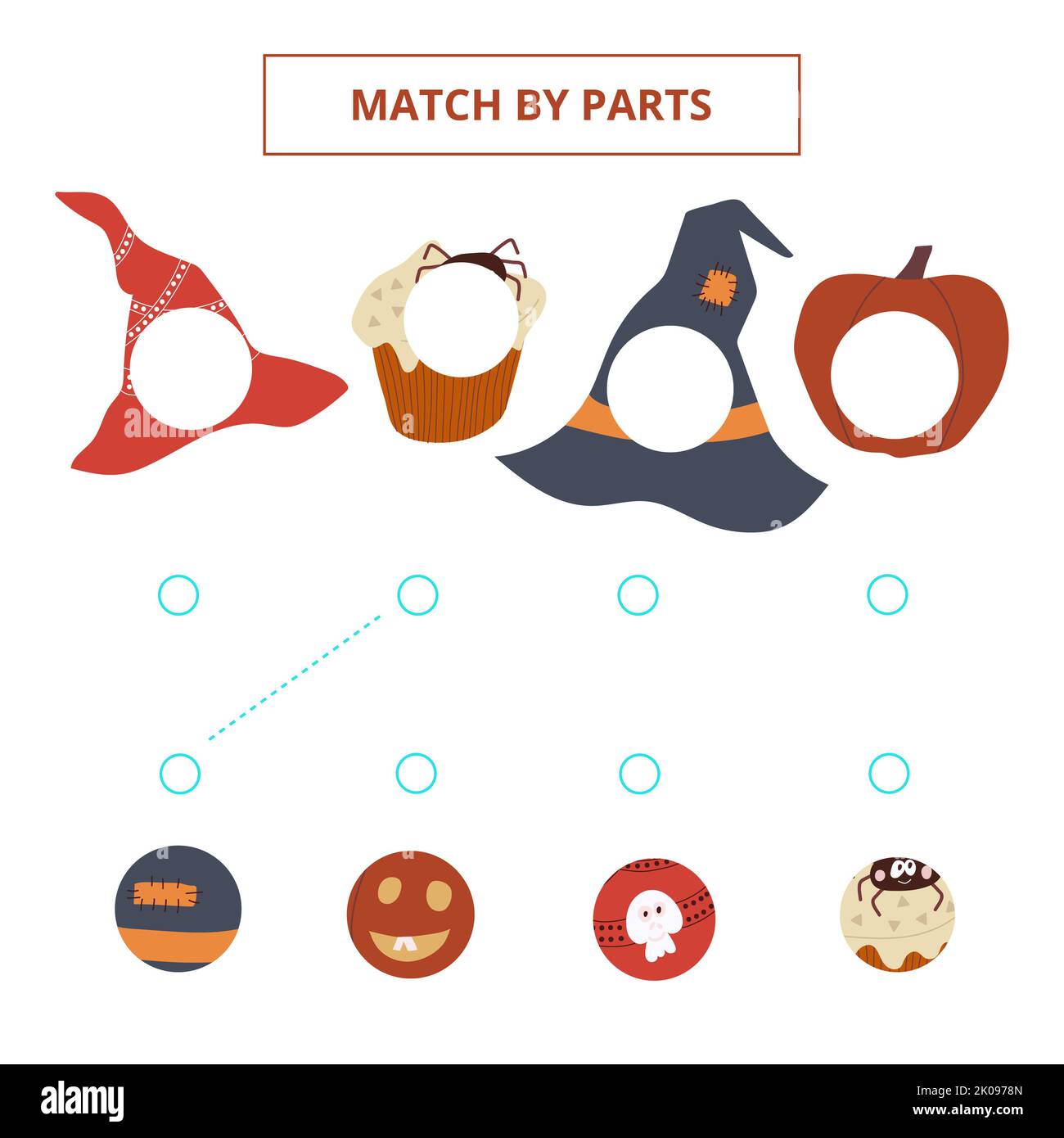 Match cute cartoon Halloween hats, pumpkin and cake by parts. Worksheet ...