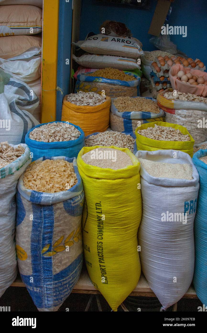 Beans, nuts, maze, grain for sale in Otavalo market in Andean highlands ...