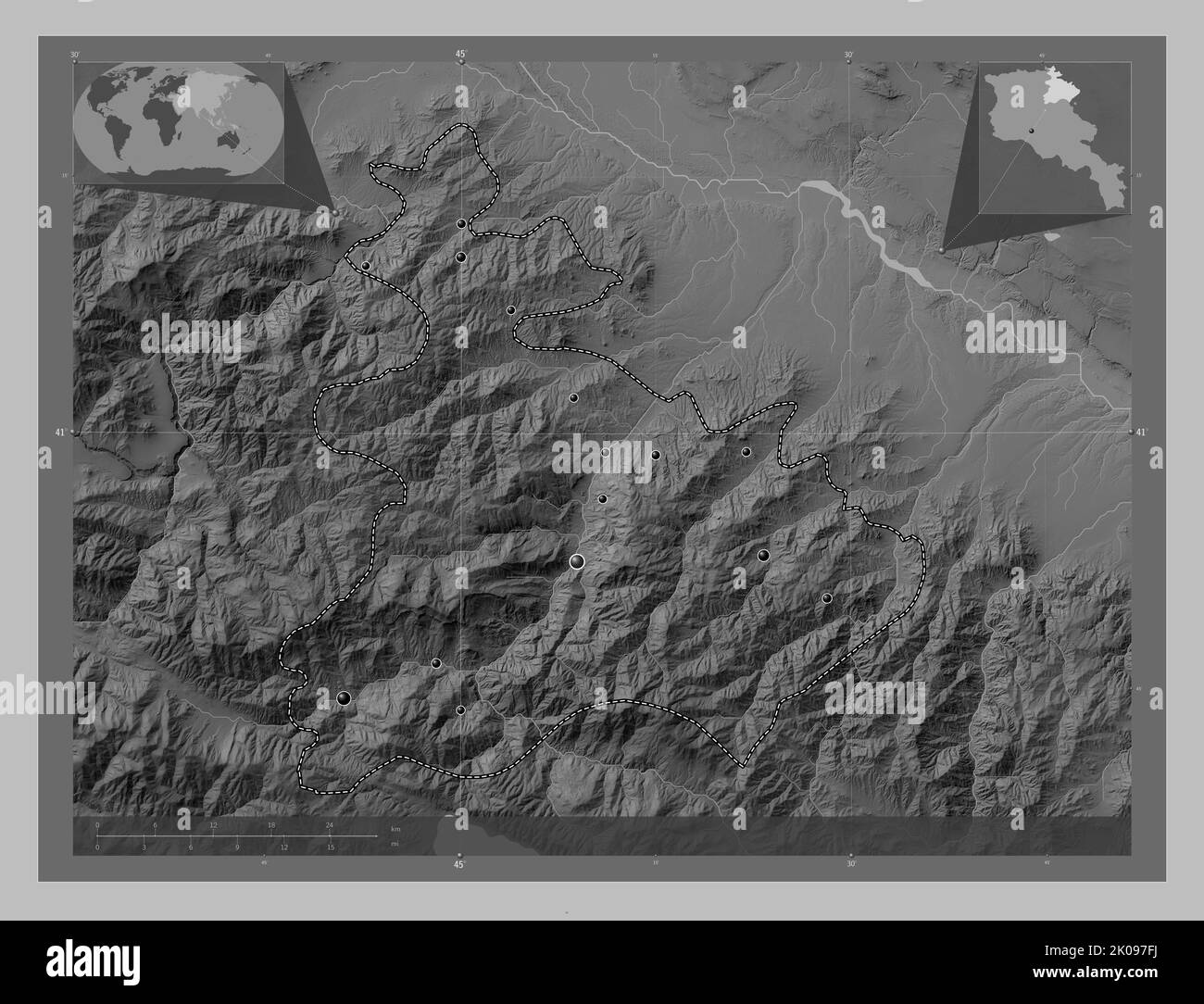 Tavush, province of Armenia. Grayscale elevation map with lakes and ...