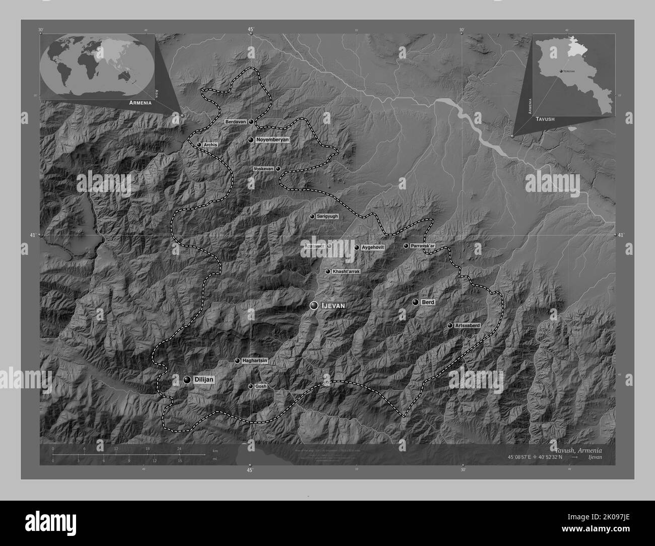 Tavush, province of Armenia. Grayscale elevation map with lakes and ...