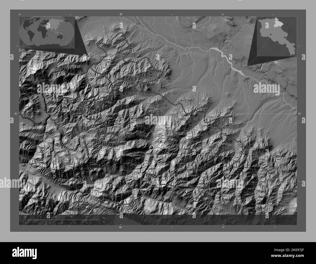 Tavush, province of Armenia. Bilevel elevation map with lakes and ...