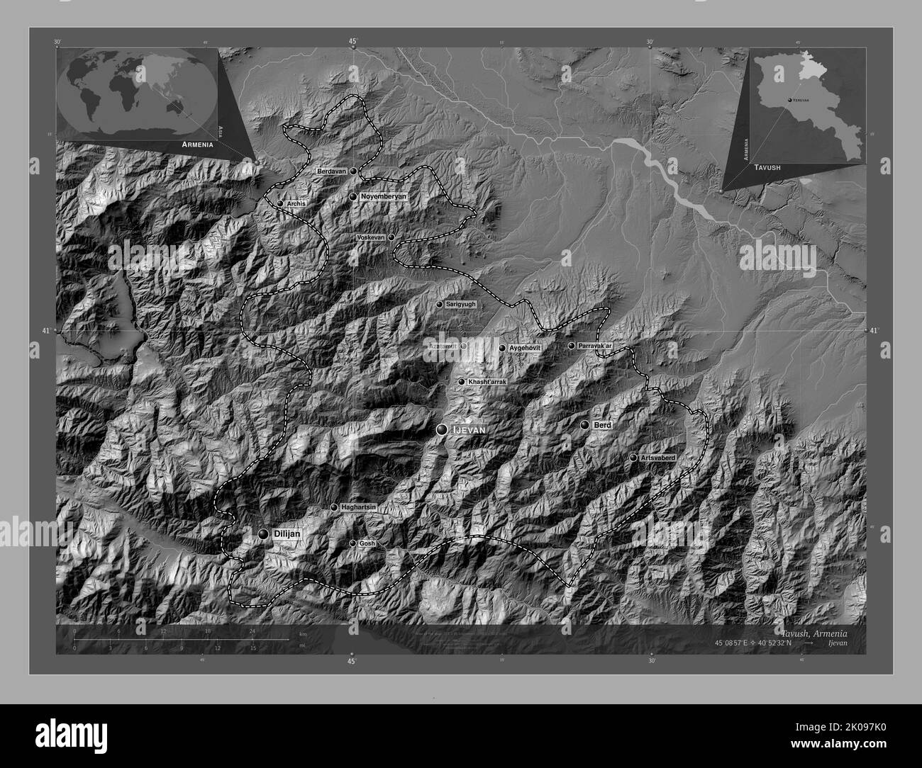 Tavush, province of Armenia. Bilevel elevation map with lakes and ...