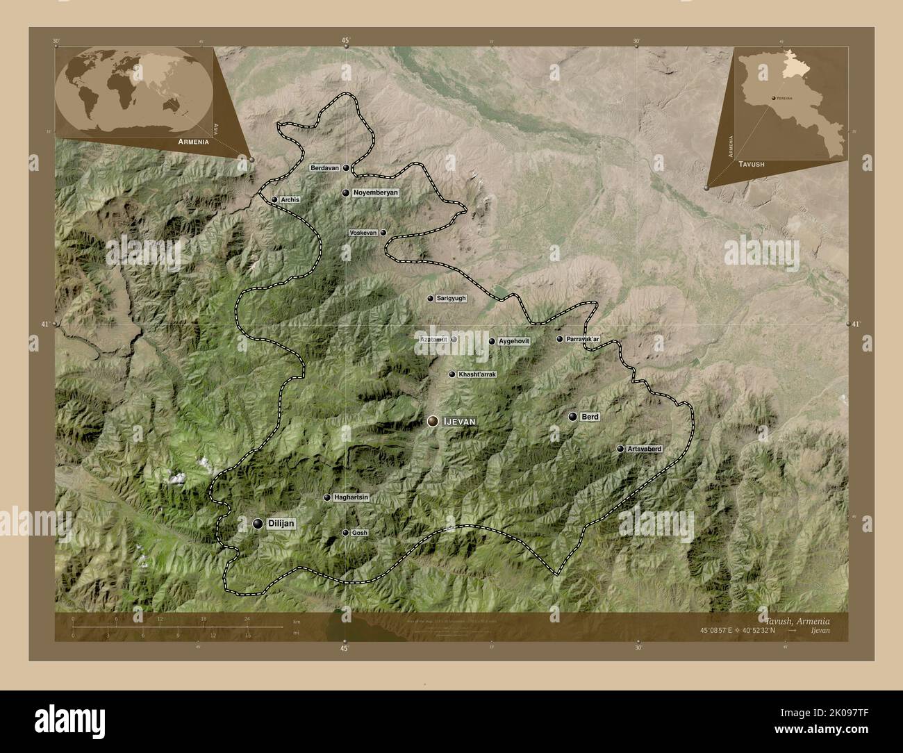 Tavush, province of Armenia. Low resolution satellite map. Locations ...