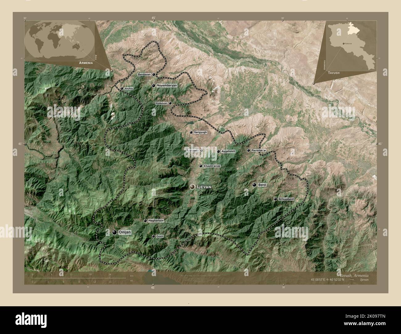 Tavush, province of Armenia. High resolution satellite map. Locations ...
