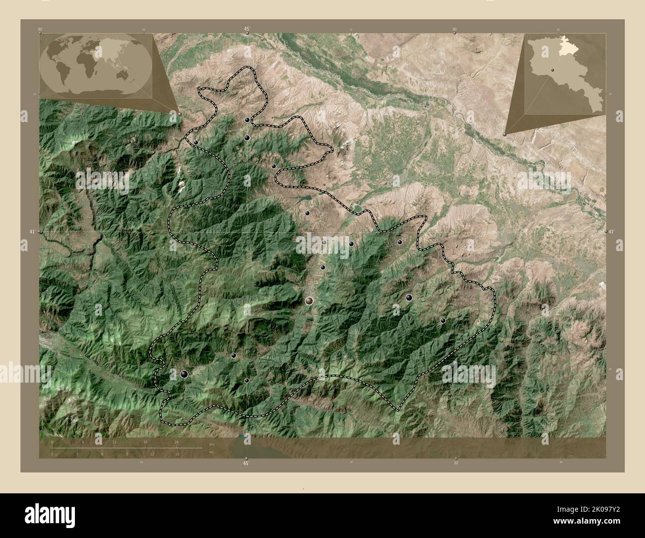 Tavush, province of Armenia. High resolution satellite map. Locations ...