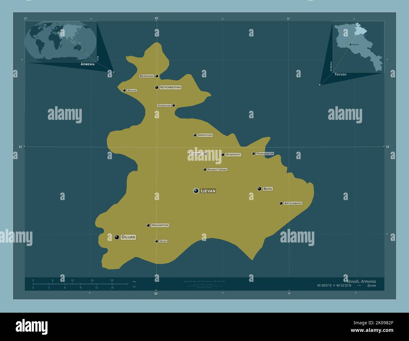 Tavush, province of Armenia. Solid color shape. Locations and names of ...