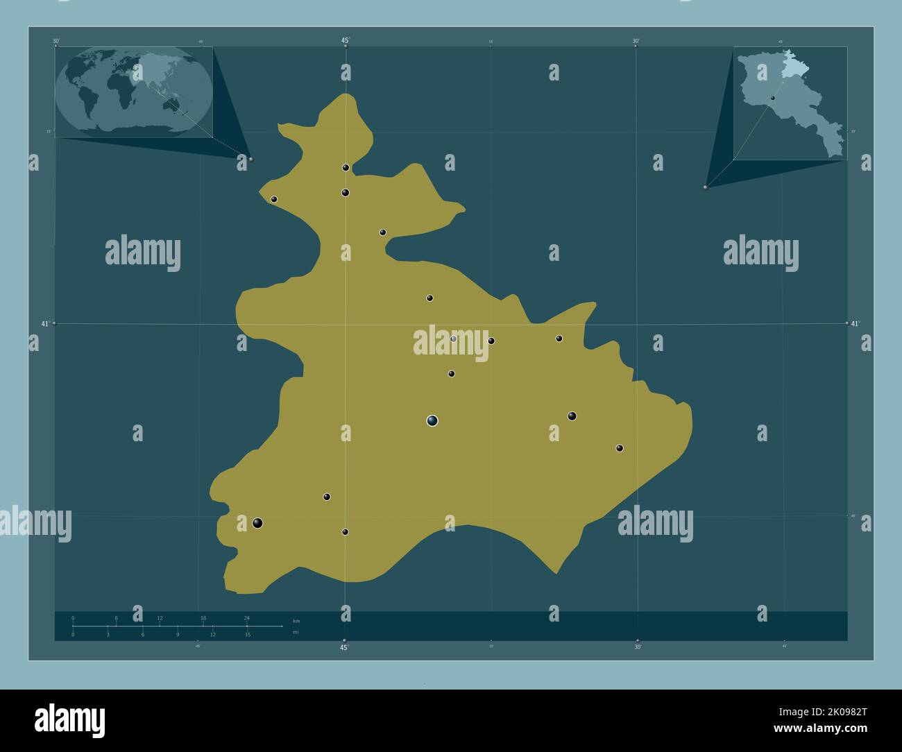 Tavush, province of Armenia. Solid color shape. Locations of major ...