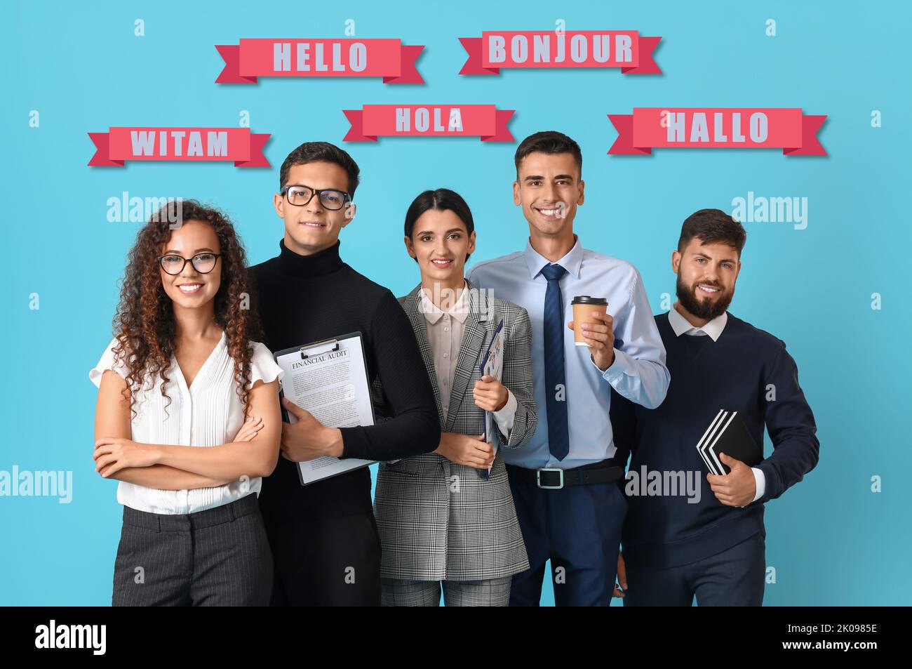 Team of young business people and words HELLO in different languages on ...