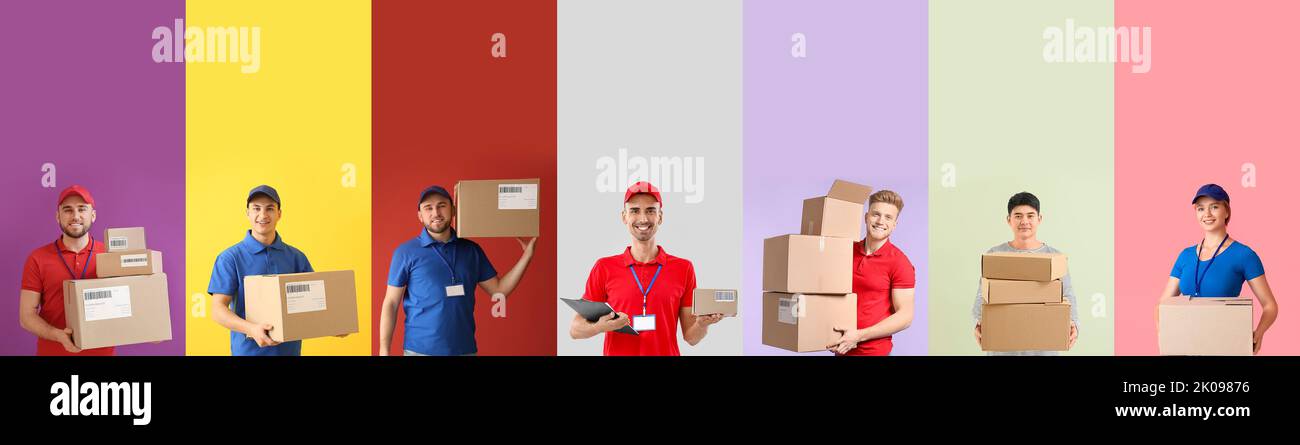 Set of couriers with parcels on colorful background Stock Photo - Alamy