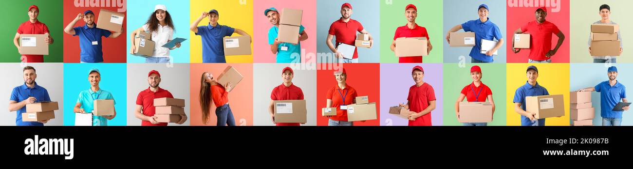 Set of couriers with parcels on colorful background Stock Photo - Alamy