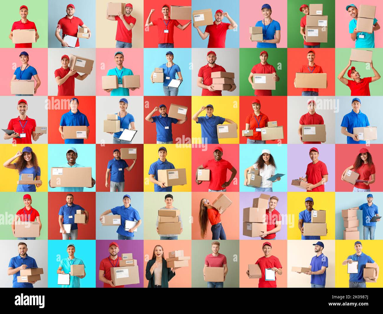 Set of couriers with parcels on colorful background Stock Photo - Alamy