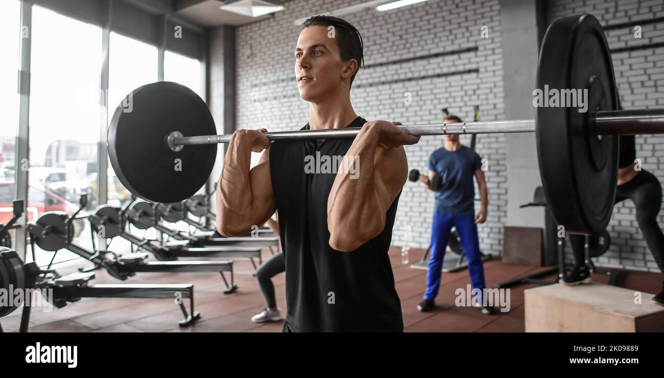 Male bodybuilder training with barbell in modern gym Stock Photo - Alamy