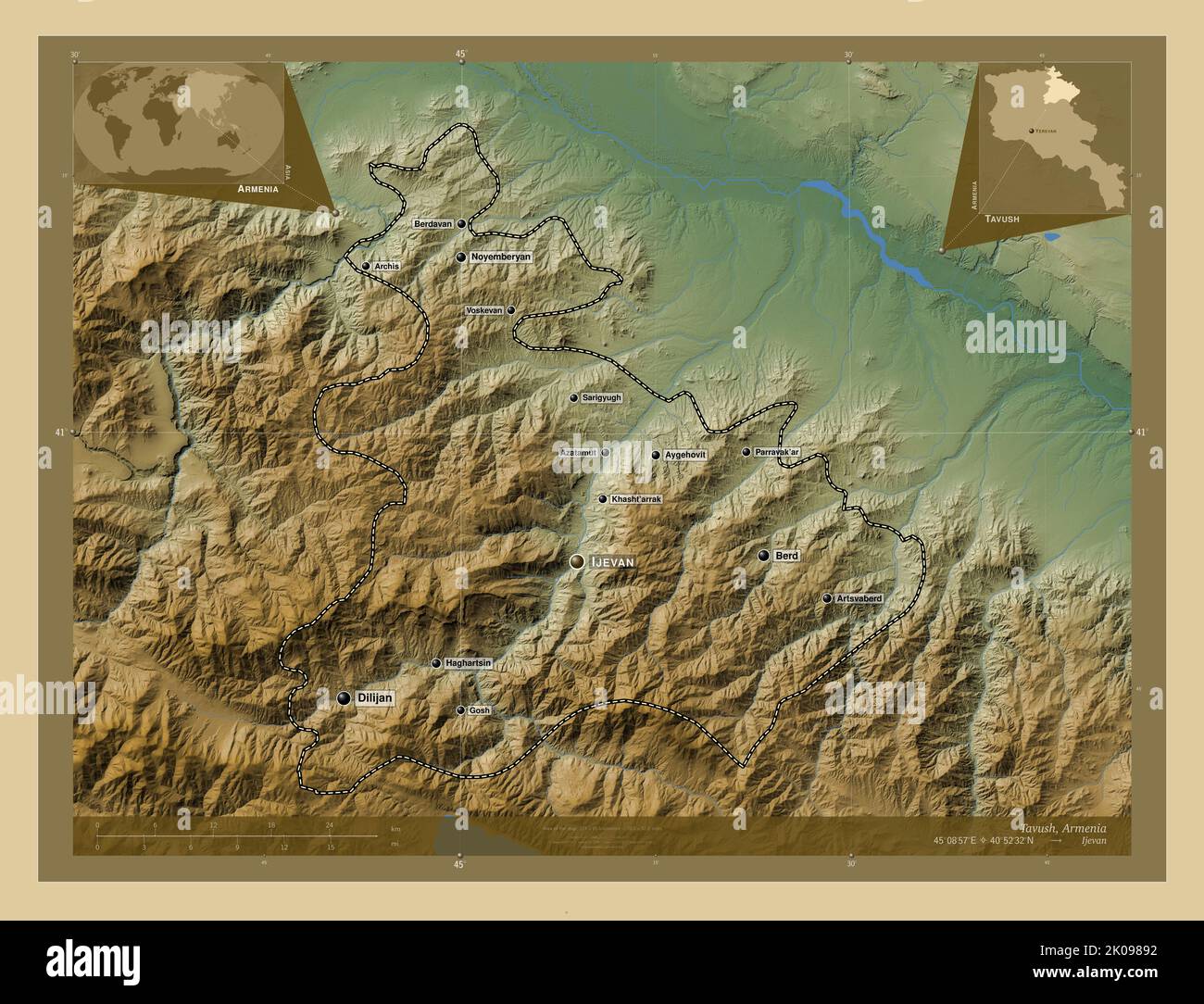 Tavush, province of Armenia. Colored elevation map with lakes and ...