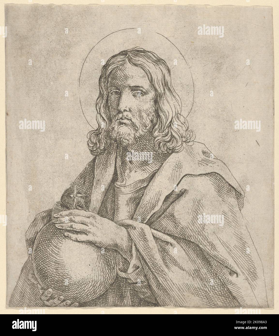 Christ seen in half-length, holding a globe surmounted by a cross ...