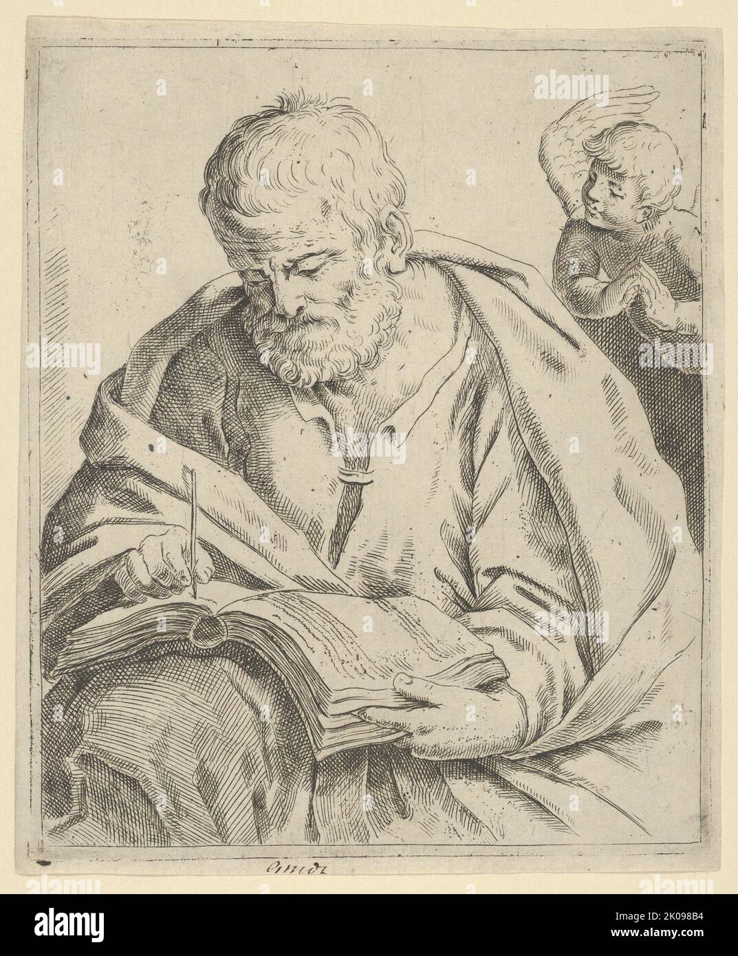 Old man seated and writing in a book, an angel at right looking over ...