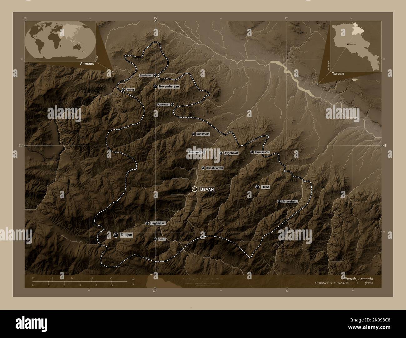Tavush, province of Armenia. Elevation map colored in sepia tones with ...