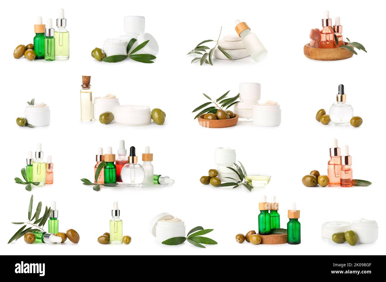Set of many cosmetics with olive oil extract isolated on white Stock ...