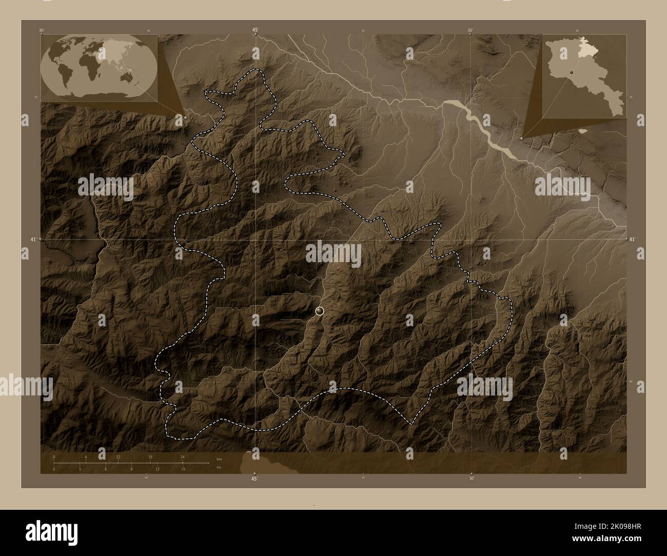 Tavush, province of Armenia. Elevation map colored in sepia tones with ...