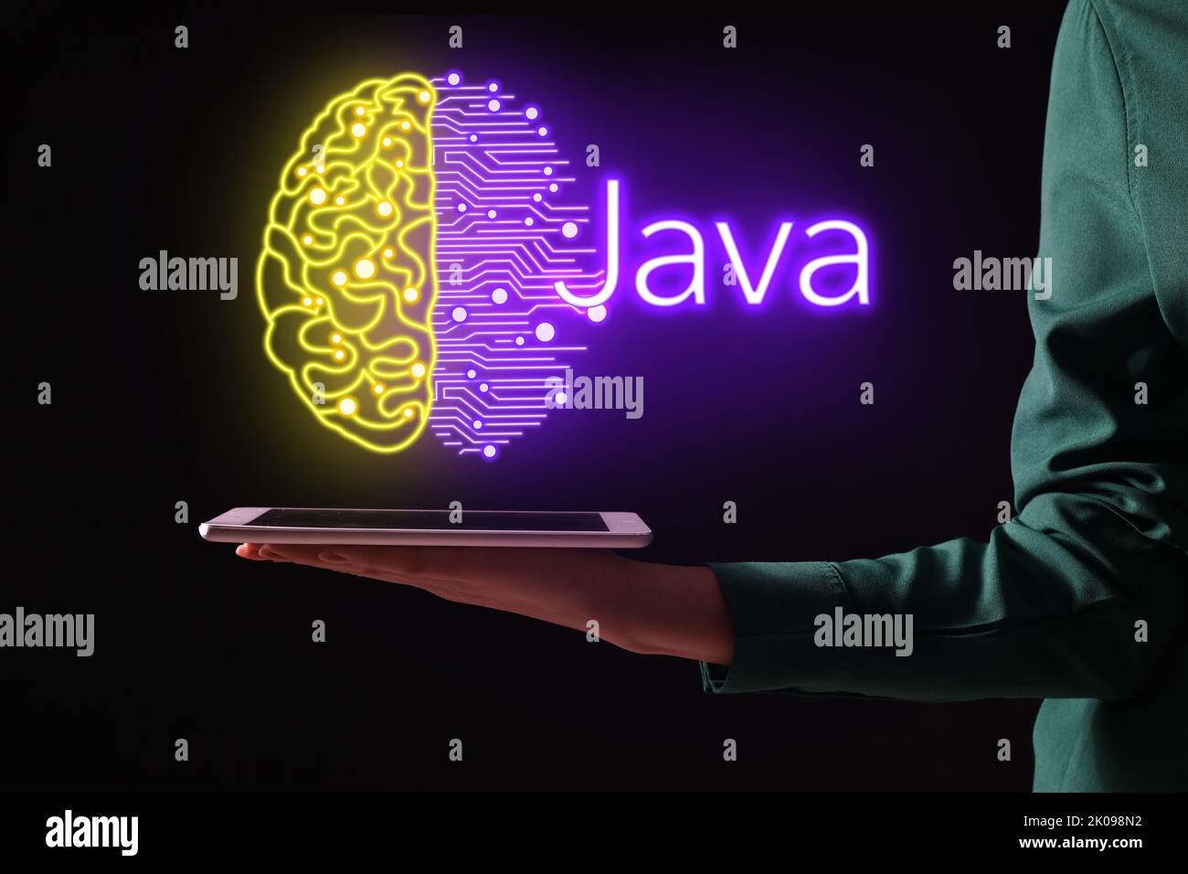 Woman with tablet computer, digital projection of human brains and word ...