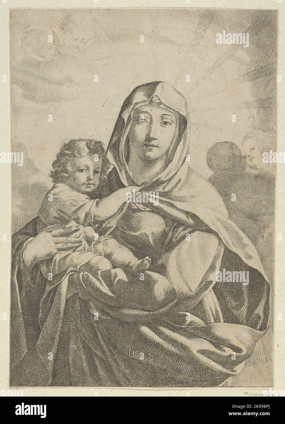 The Virgin standing facing front and holding the infant Christ, angels behind them in the clouds ...