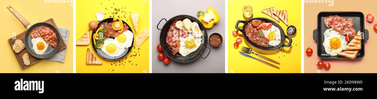 Collage of tasty fried eggs with bacon, vegetables and bread on color ...