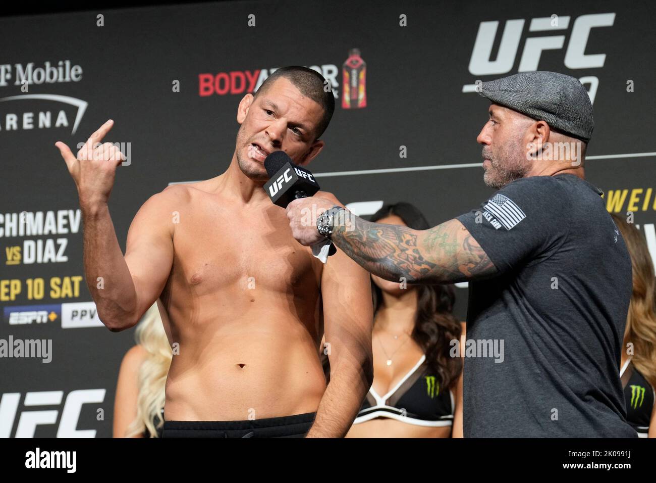 LAS VEGAS, NV - September 9: Joe Rogan (L) and Nate Diaz (R) at MGM ...
