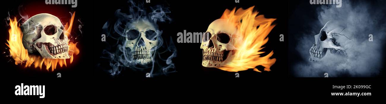 Collage of human skulls with flame and smoke on dark background Stock ...