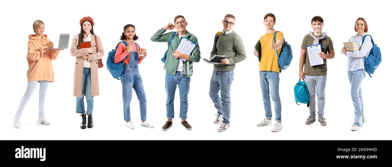 Collection of different students on white background Stock Photo - Alamy