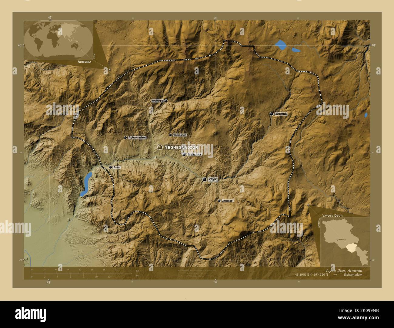 Vayots Dzor, province of Armenia. Colored elevation map with lakes and ...