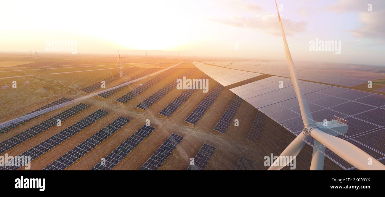 Collage with solar panels and windmills in field. Green technology ...