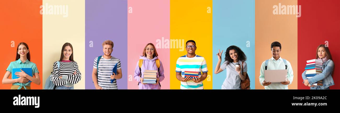 Set of different students on color background Stock Photo - Alamy