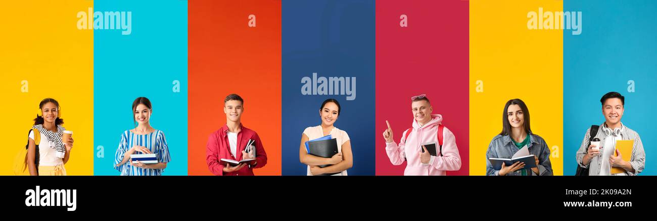 Collection of different students on color background Stock Photo - Alamy