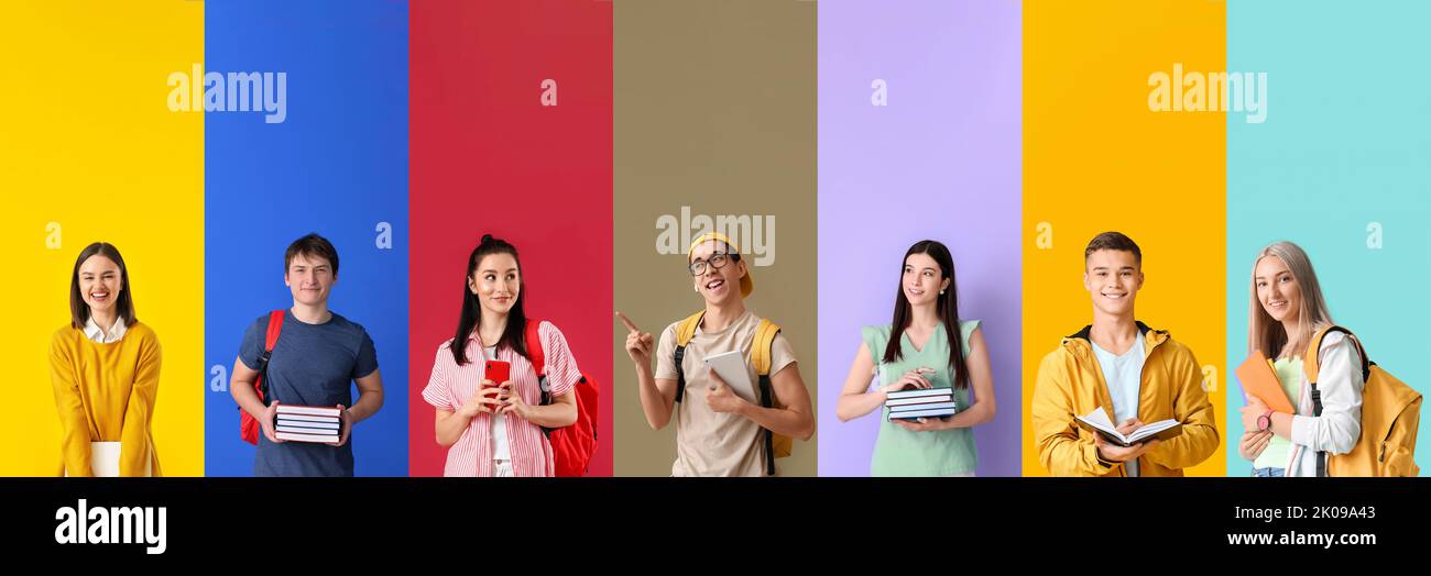Group of students on color background Stock Photo - Alamy