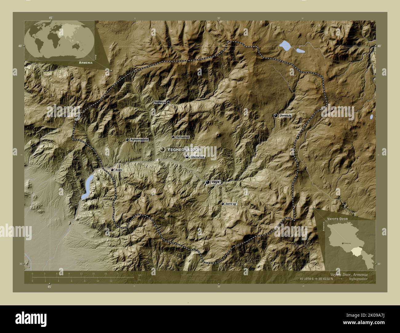 Vayots Dzor, province of Armenia. Elevation map colored in wiki style with lakes and rivers ...