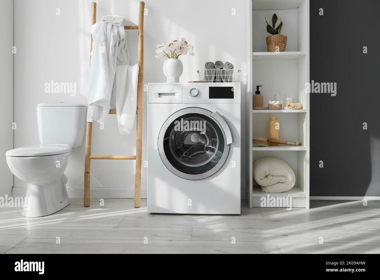 Modern washing machine, toilet bowl and shelf unit with bath ...