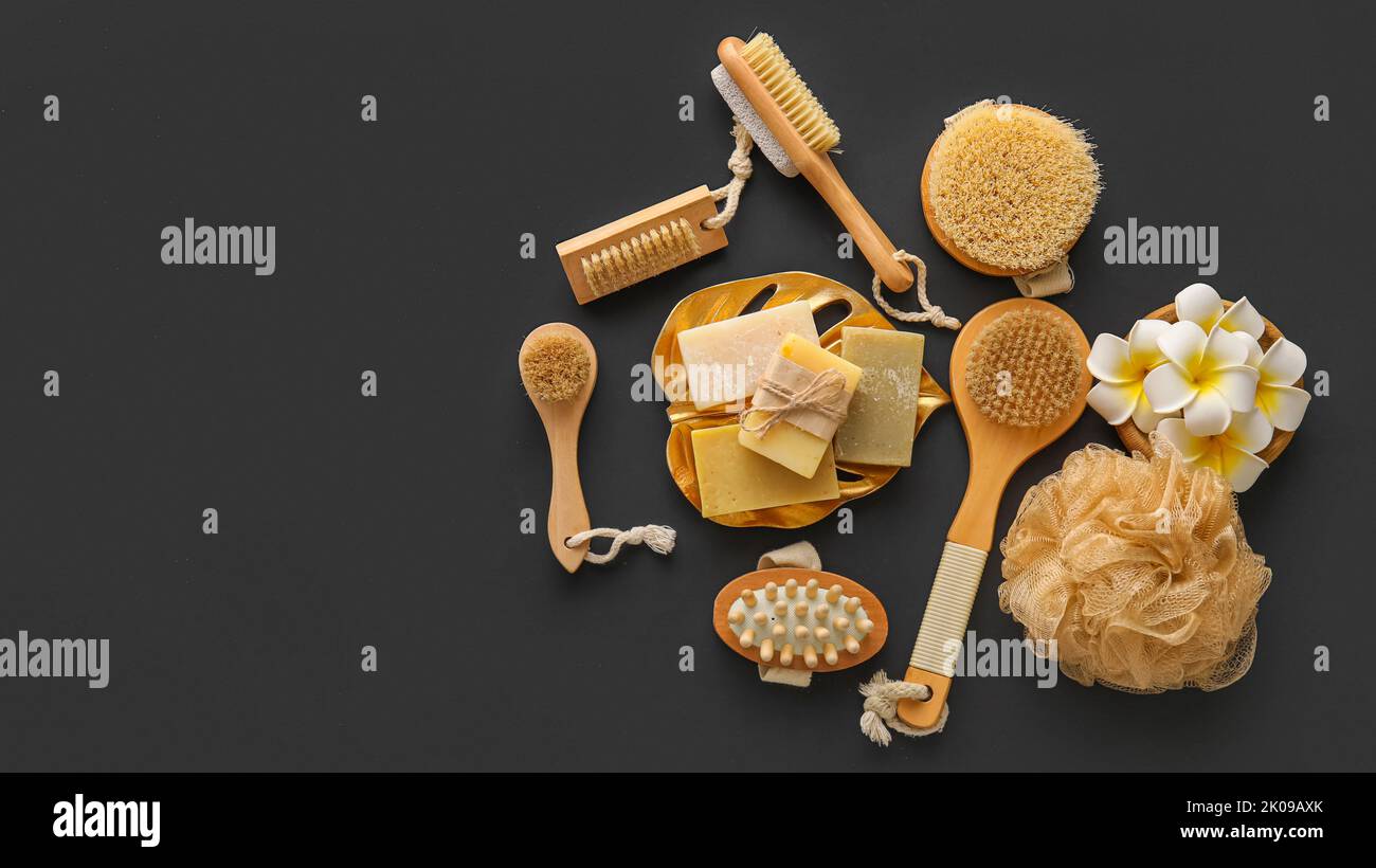 Set of different bath supplies on dark background Stock Photo - Alamy
