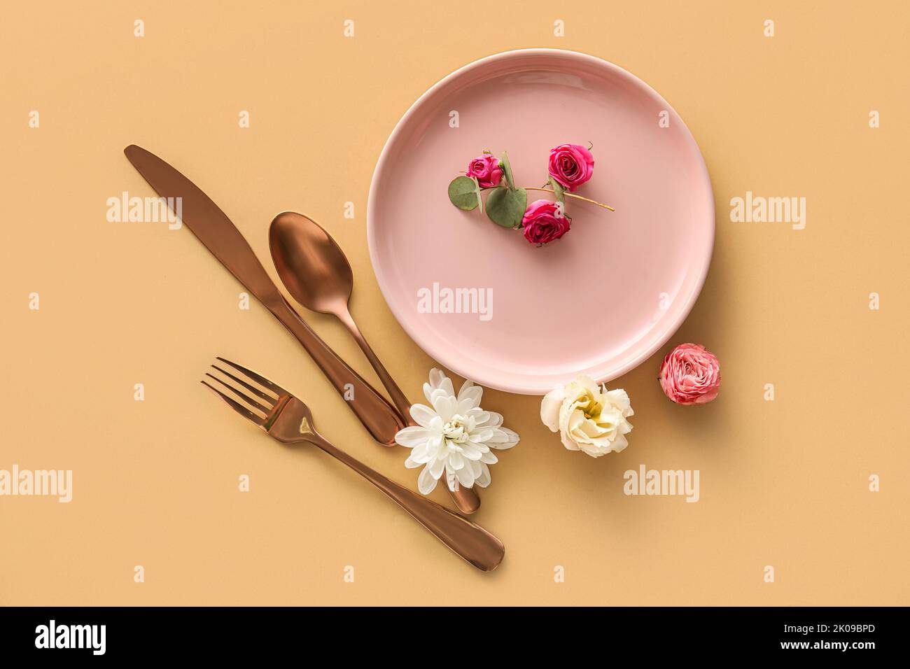 Table setting with beautiful floral decor on beige background Stock ...