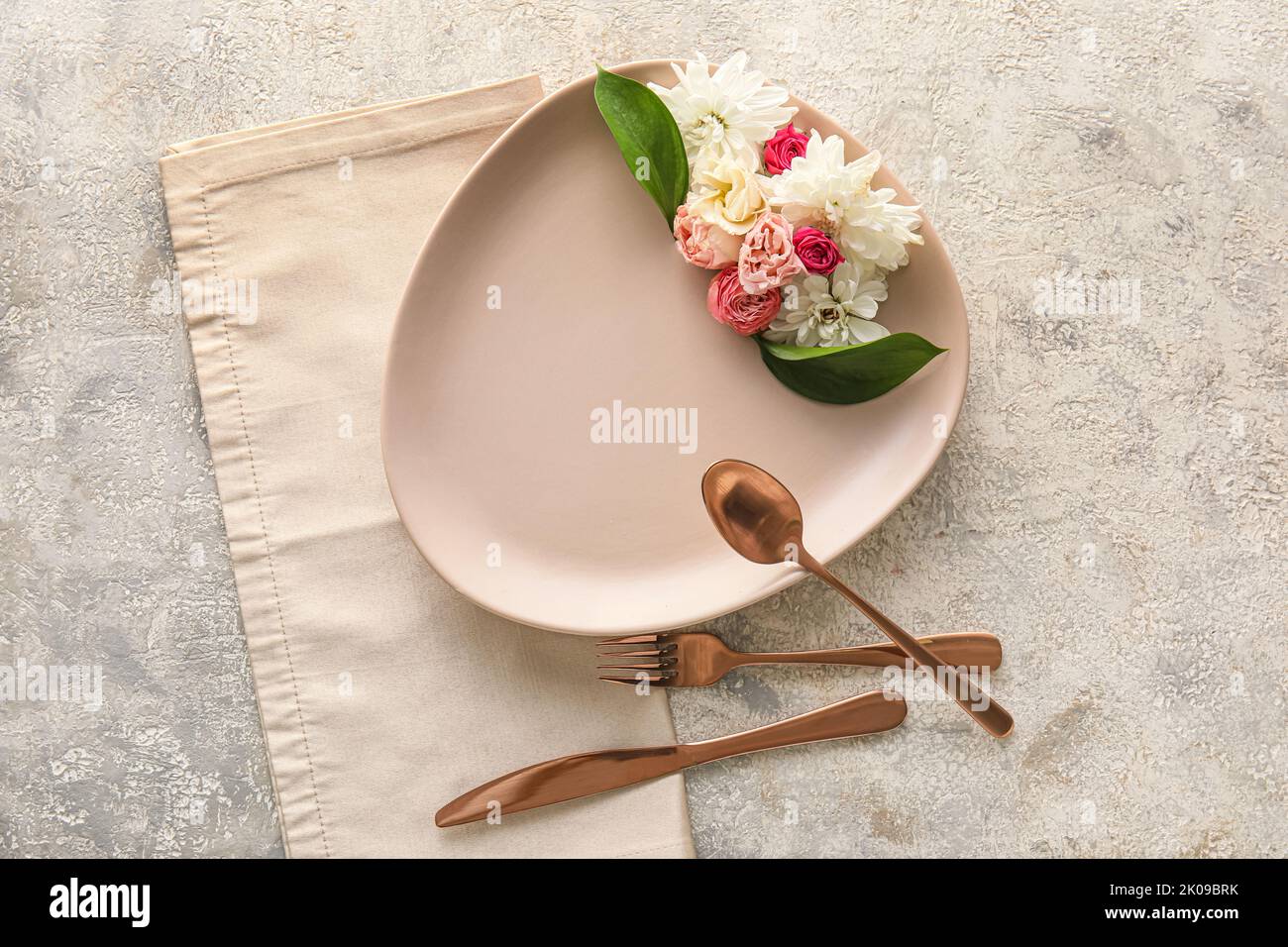 Table setting with beautiful floral decor on grey background Stock ...