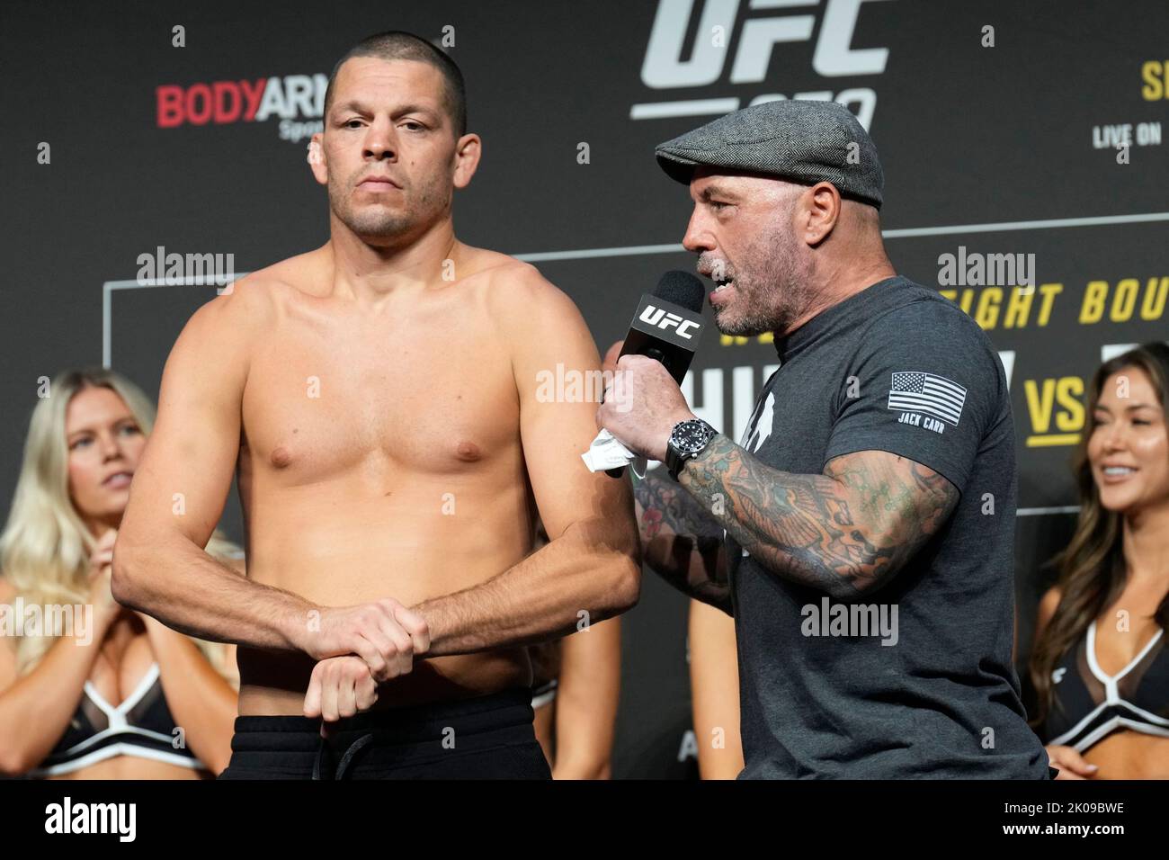 LAS VEGAS, NV - September 9: Joe Rogan (L) and Nate Diaz (R) at MGM ...
