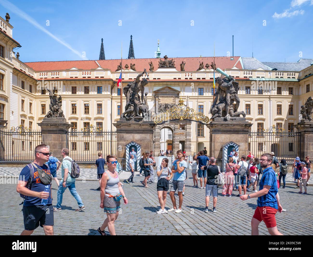 Prague, Czech Republic - June 2022: The guarded entrance of the New ...