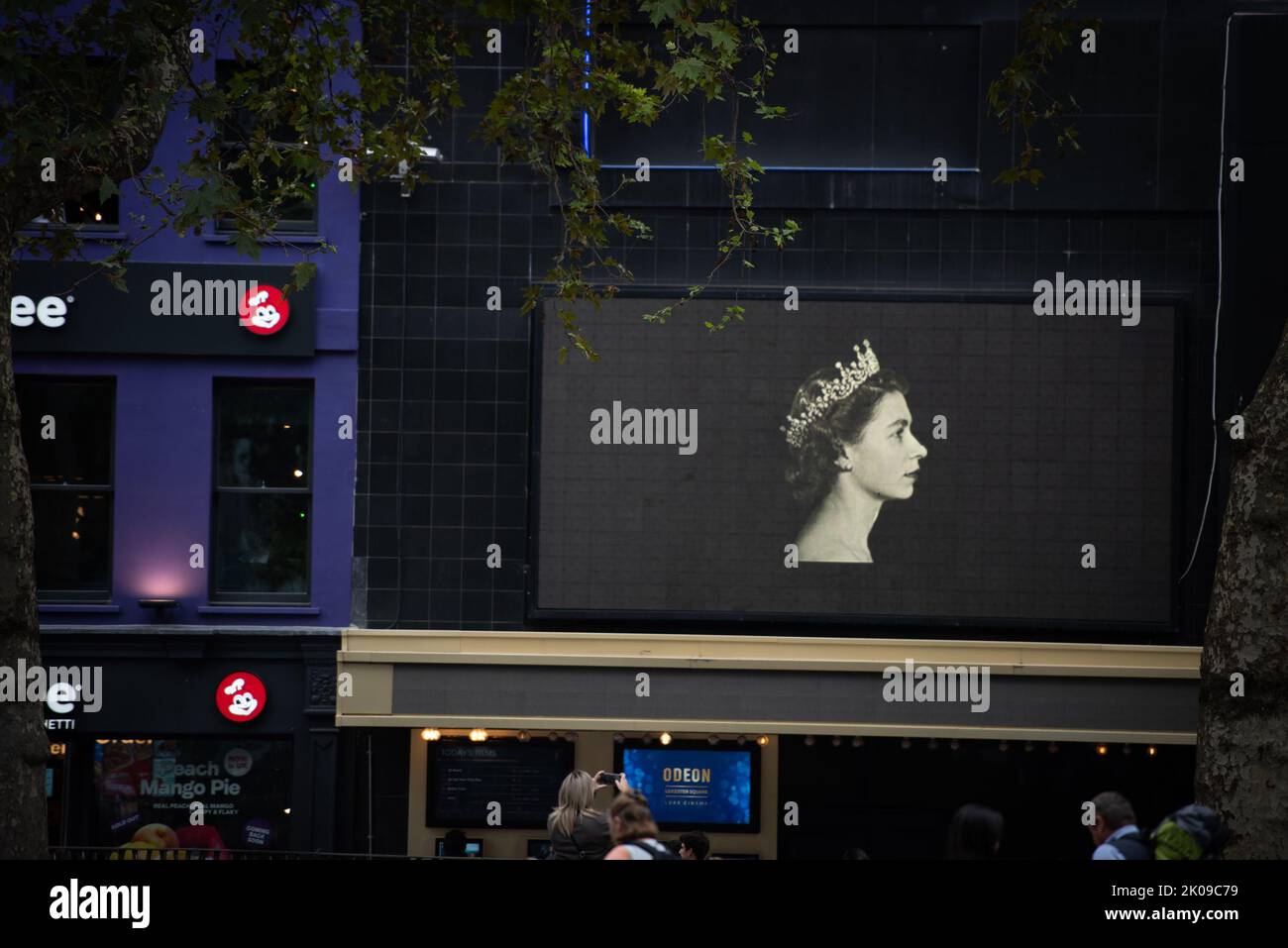 Displays are seen of Queen Elizabeth II in Leicester Square during the ...