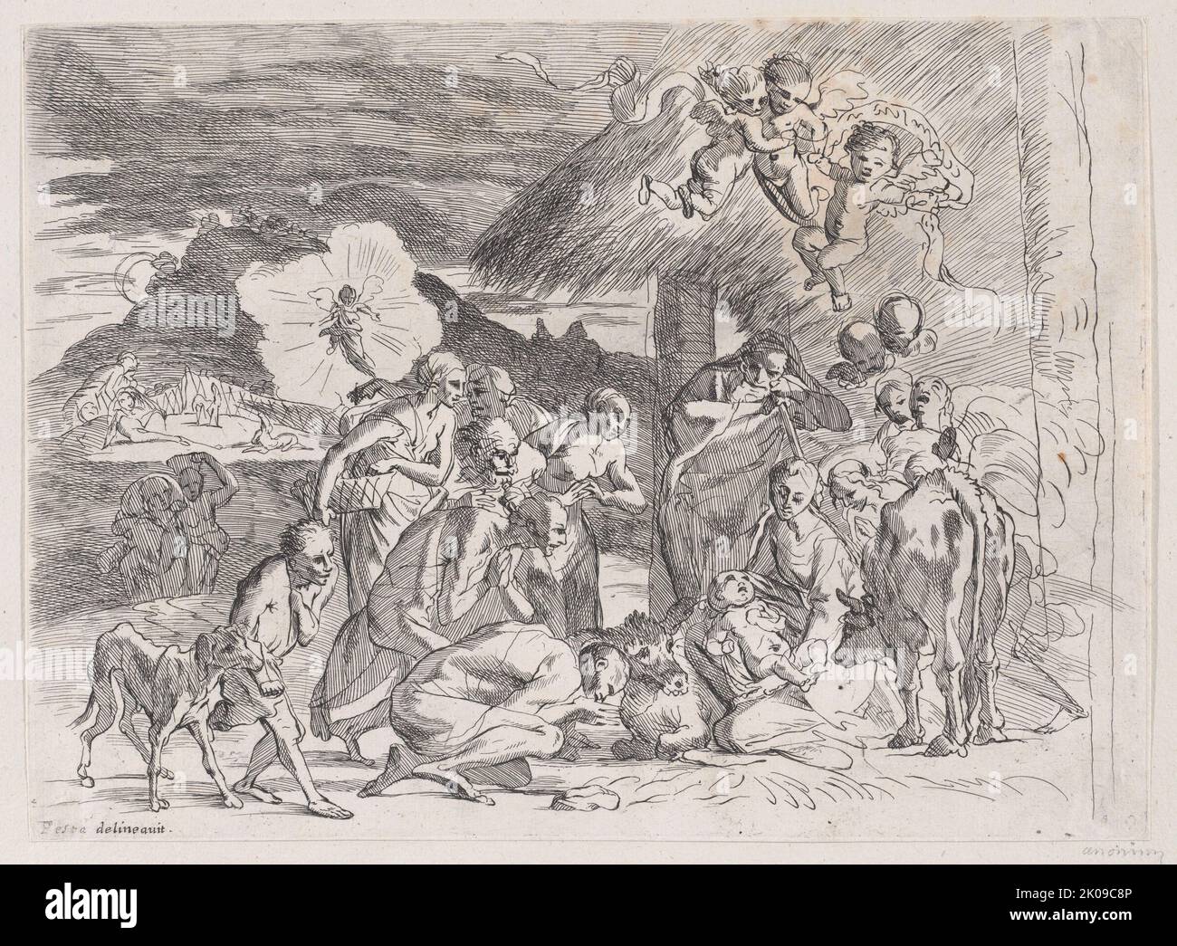 The adoration of the shepherds who gather at left, angels holding a ...