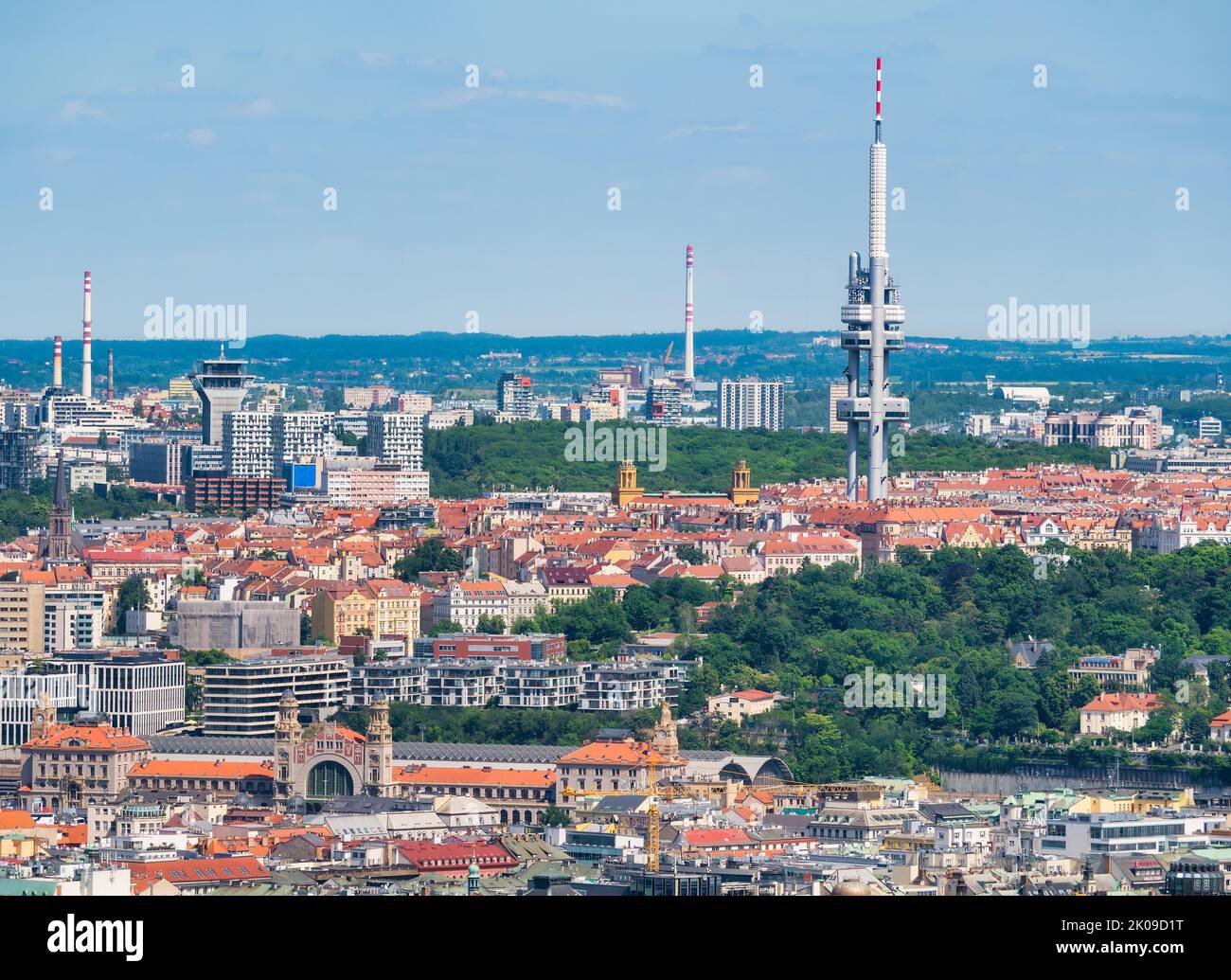 Aerial view with the Zizkov Television Tower transmitter in Prague ...