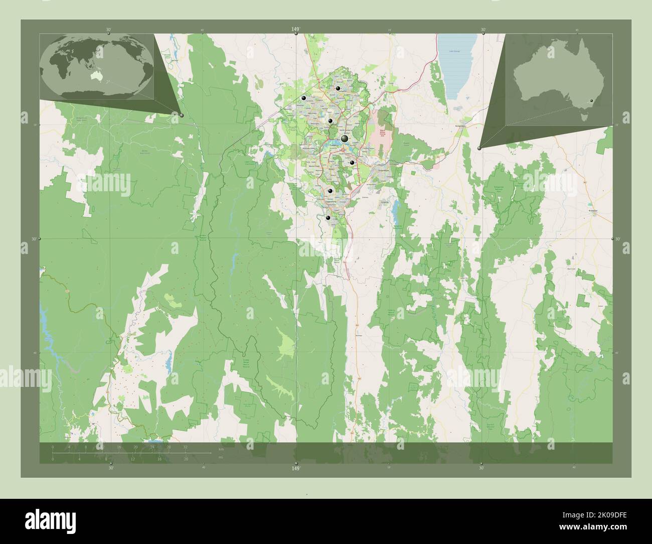 Australian Capital Territory, territory of Australia. Open Street Map. Locations of major cities ...