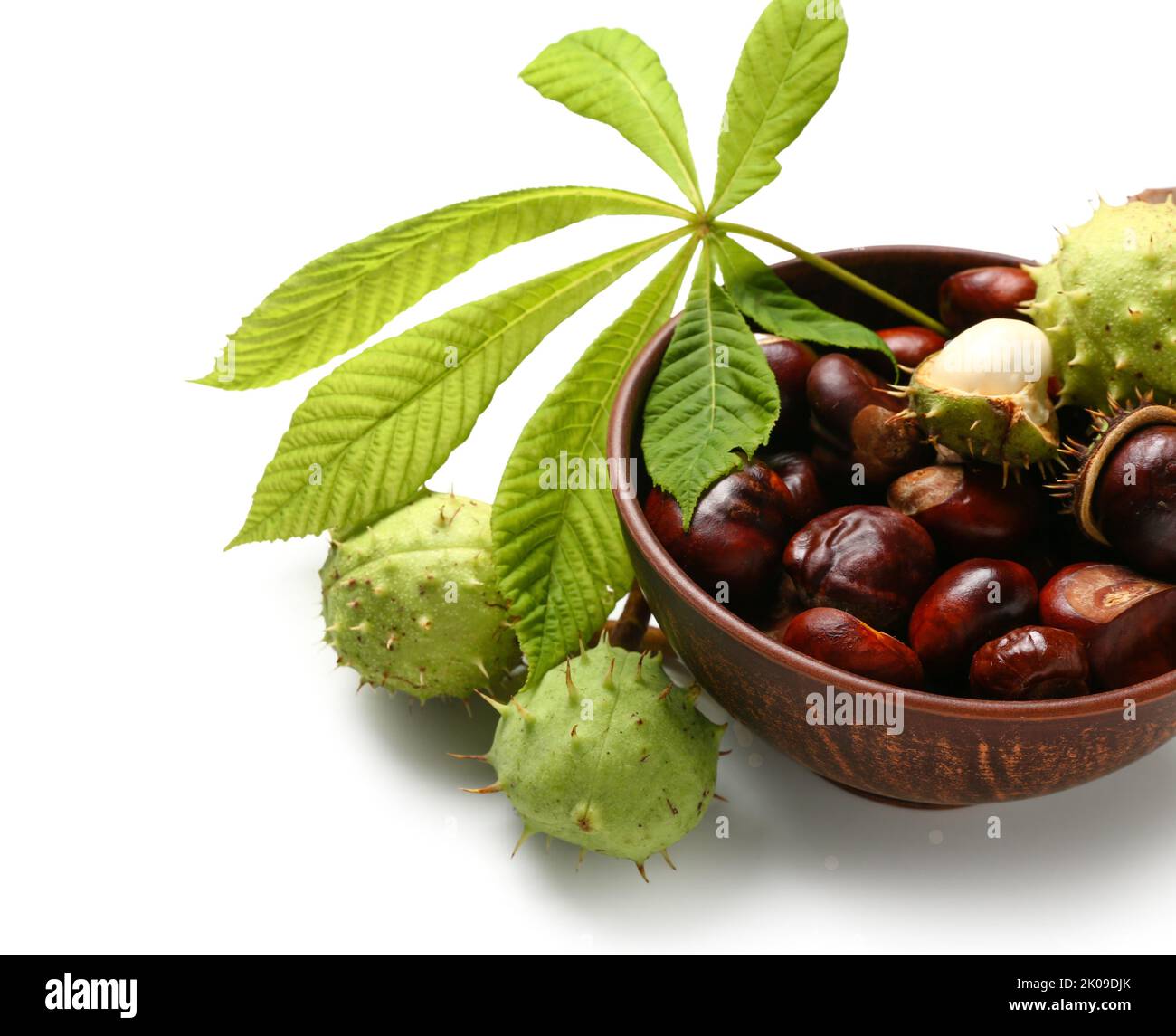 Bowl with chestnuts and leaf on white background Stock Photo - Alamy