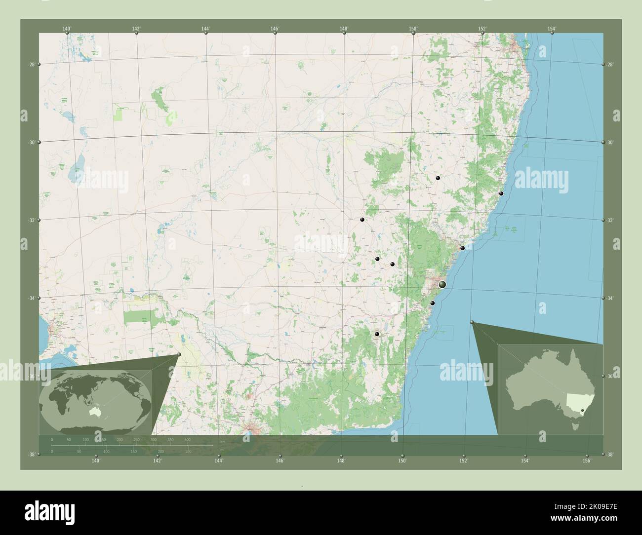 New South Wales, state of Australia. Open Street Map. Locations of ...